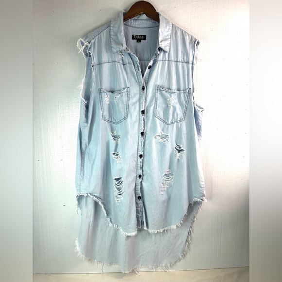 Thrill | Tops | Thrill Jeans 3x Sleeveless Distressed Light Wash Denim ...
